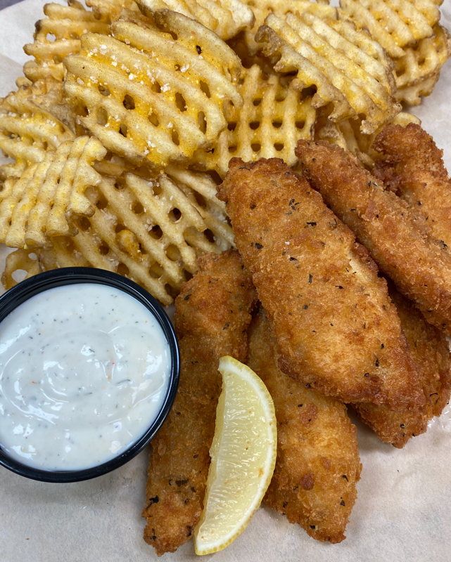 Duo - Parmesan Basil Breaded Cod w/2oz Aioli and Waffle Fries | Food Riot